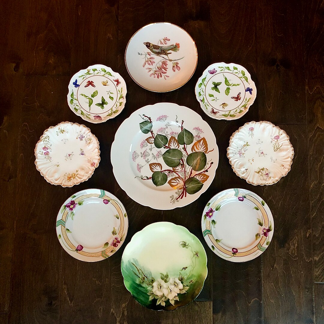 Garden Style Antique Plate Wall Nine Piece, Handpainted Cottage Plate ...