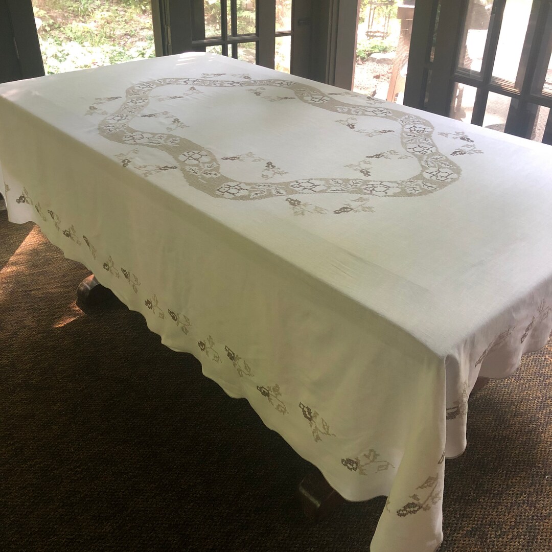 Vintage Cross Stitched Linen Tablecloth , Large Embroidered Table ...