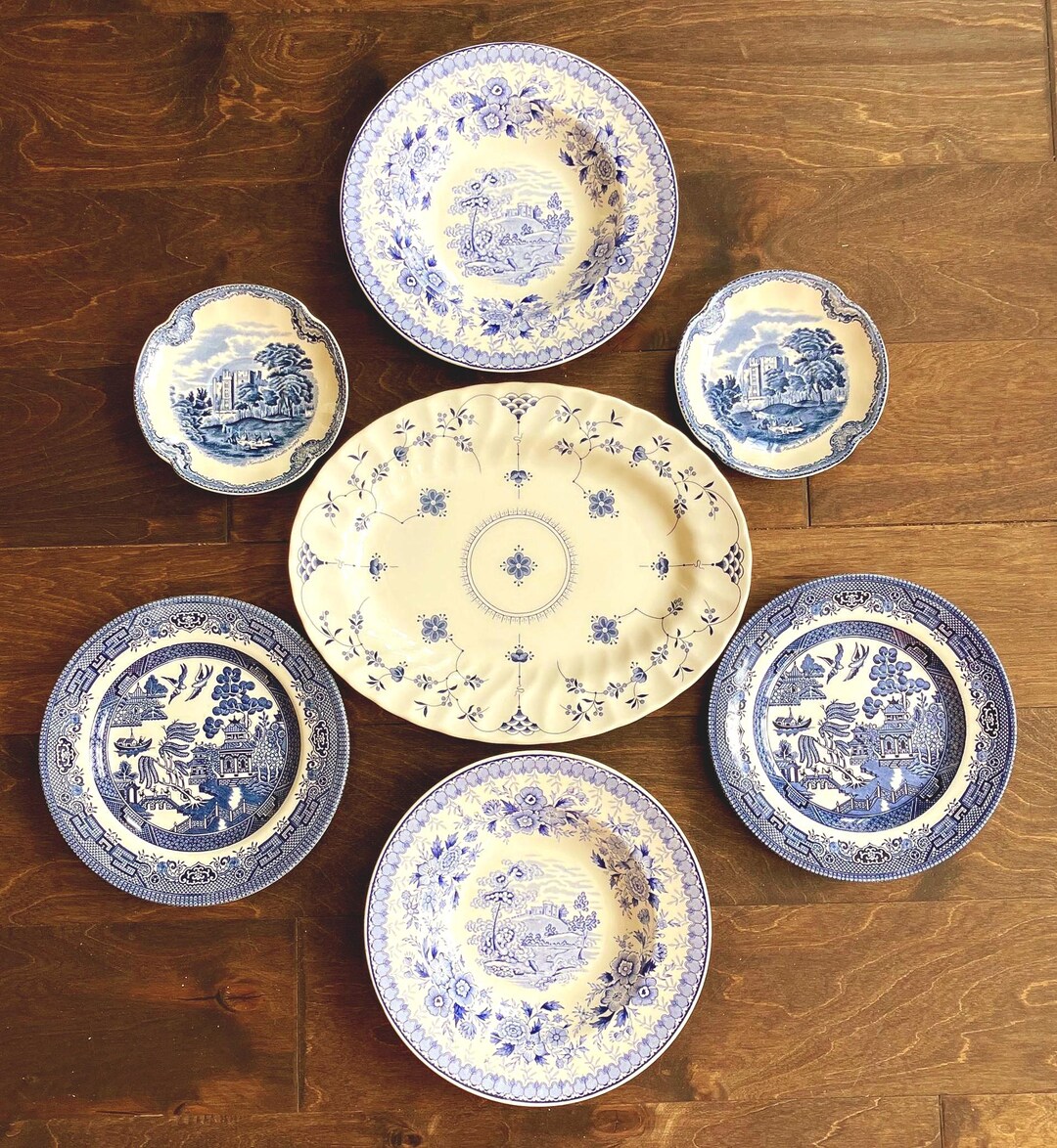 Vintage Blue and White Plate Wall Seven Piece, Plate Wall Decor ...