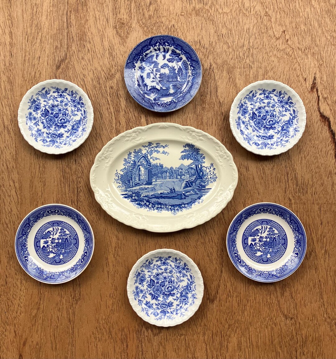 Plate Wall Vintage Blue and White Seven Piece , Mixed China Plate Wall ...