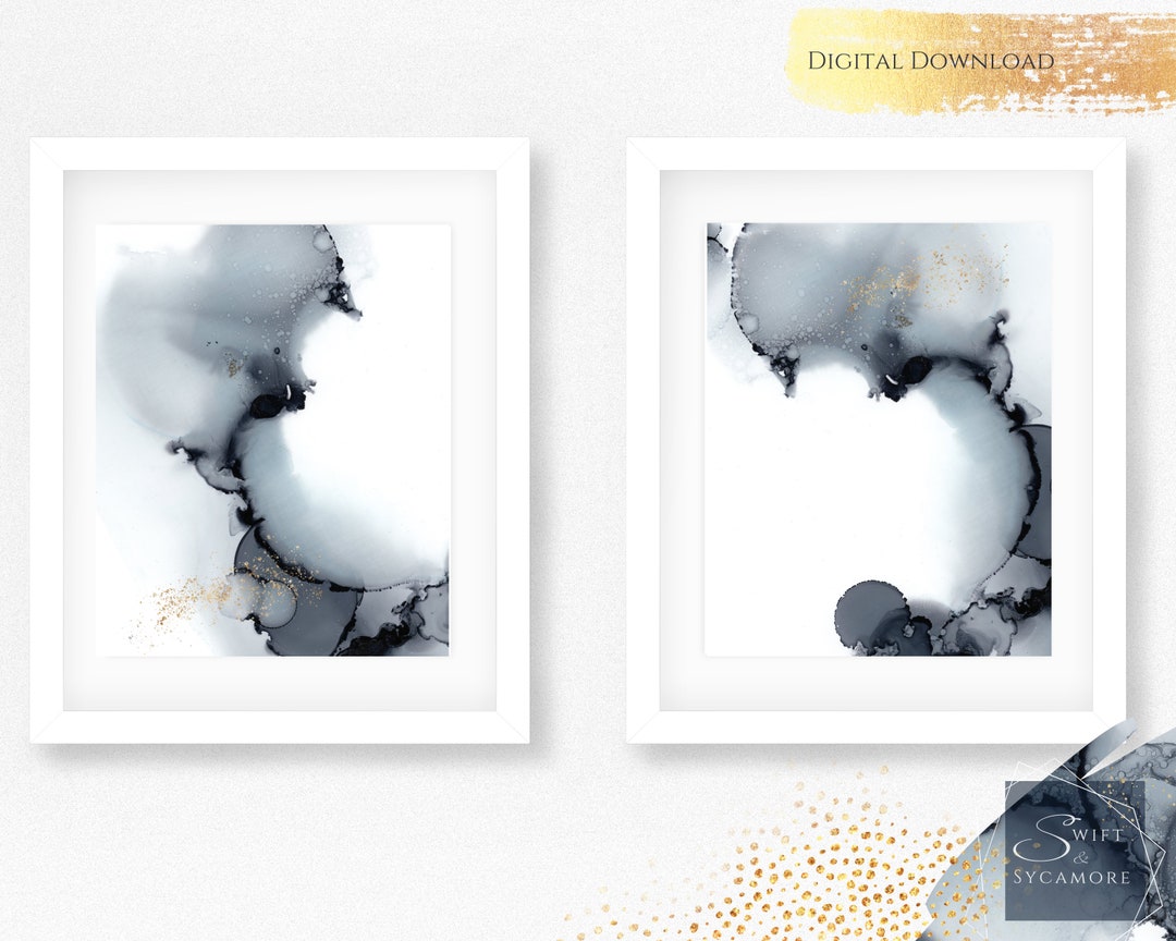 Navy Blue Wall Art, Alcohol Ink Art, Set of 2 Prints, Printable Artwork ...