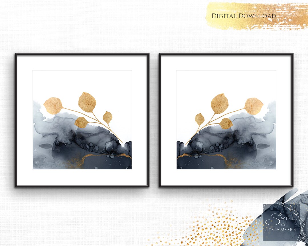 Navy Blue & Gold Alcohol Ink Art Set of 2 Prints Abstract - Etsy