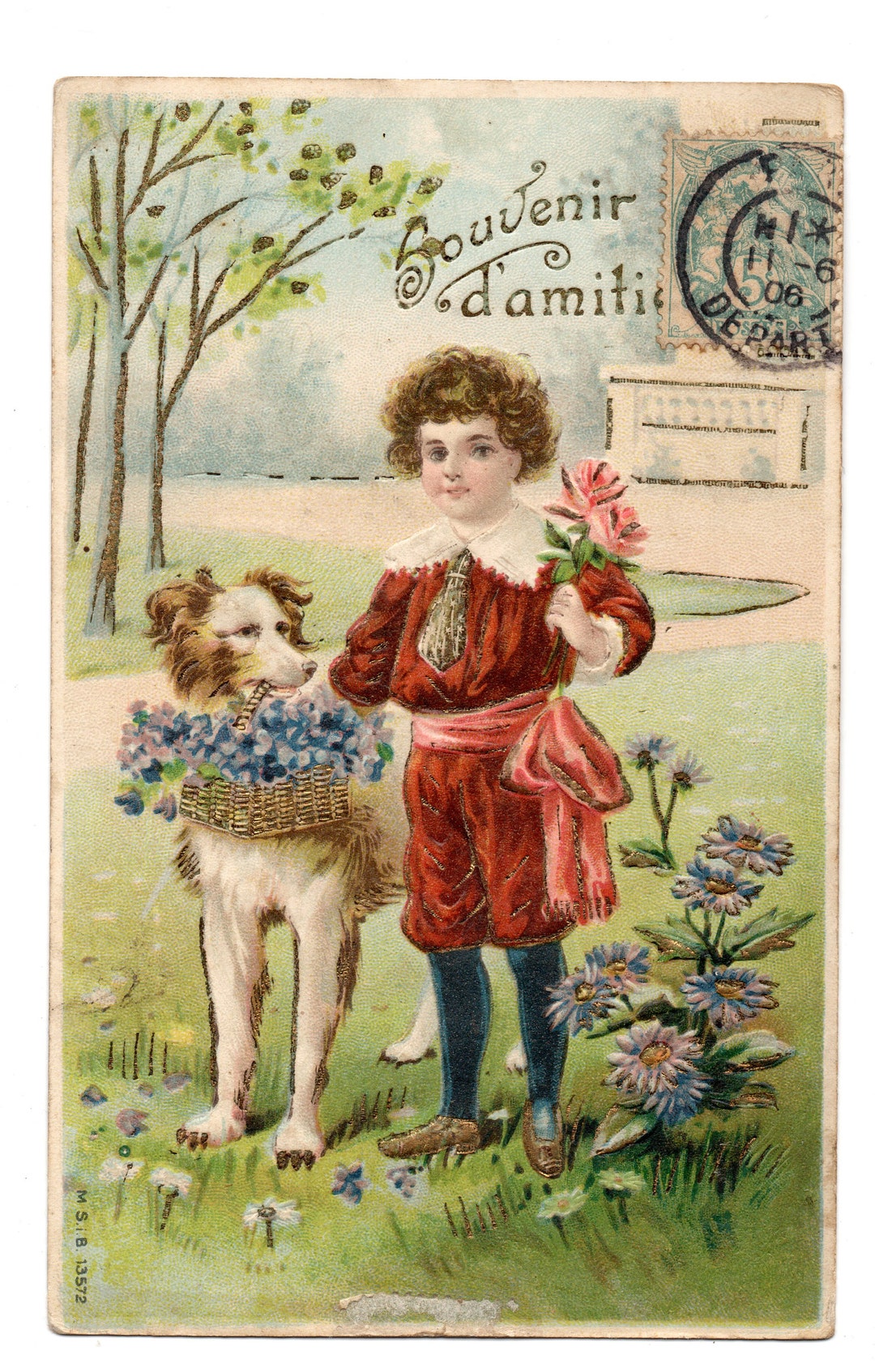 Vintage Chromo Card Embossed With Highlights0 Gold Child Dog Flowers ...
