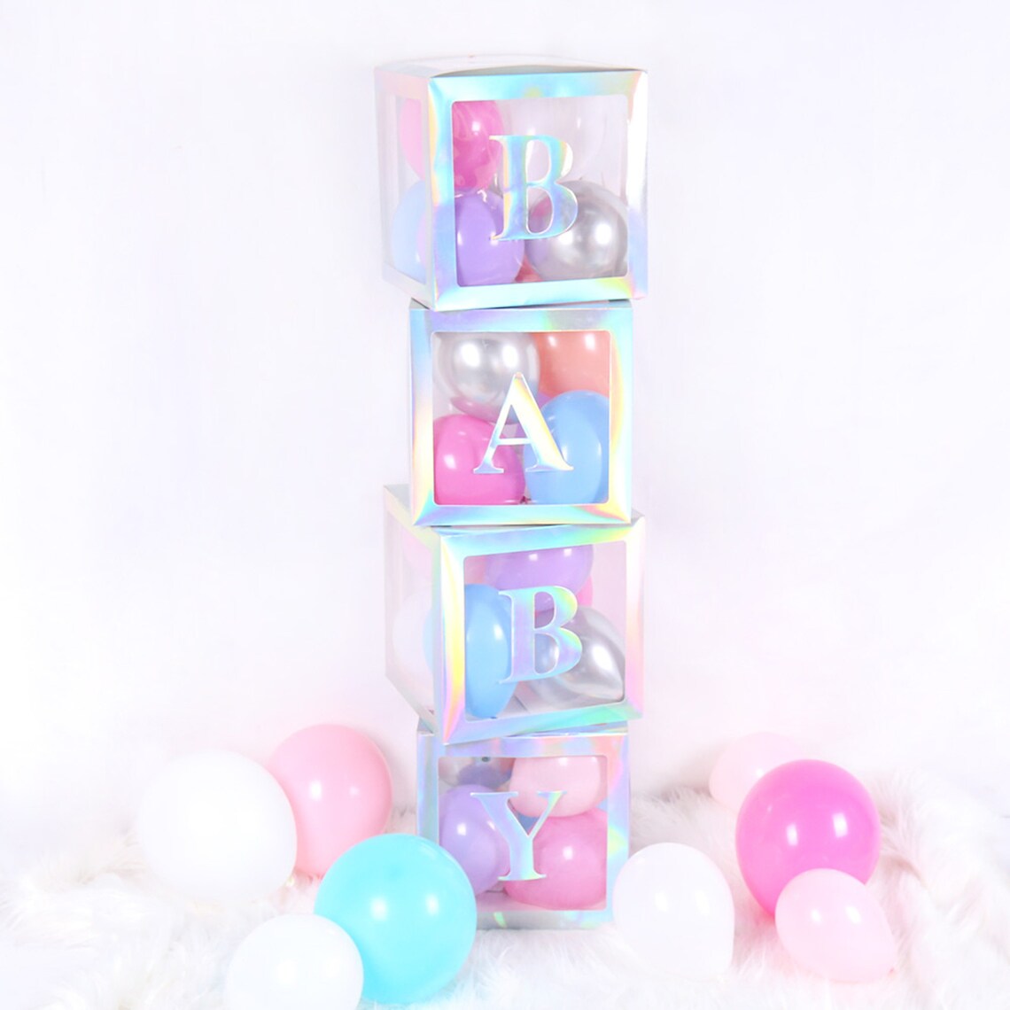 Set of 4 Holographic SILVER B-A-B-Y Boxes/blocks 12"-baby Shower ...
