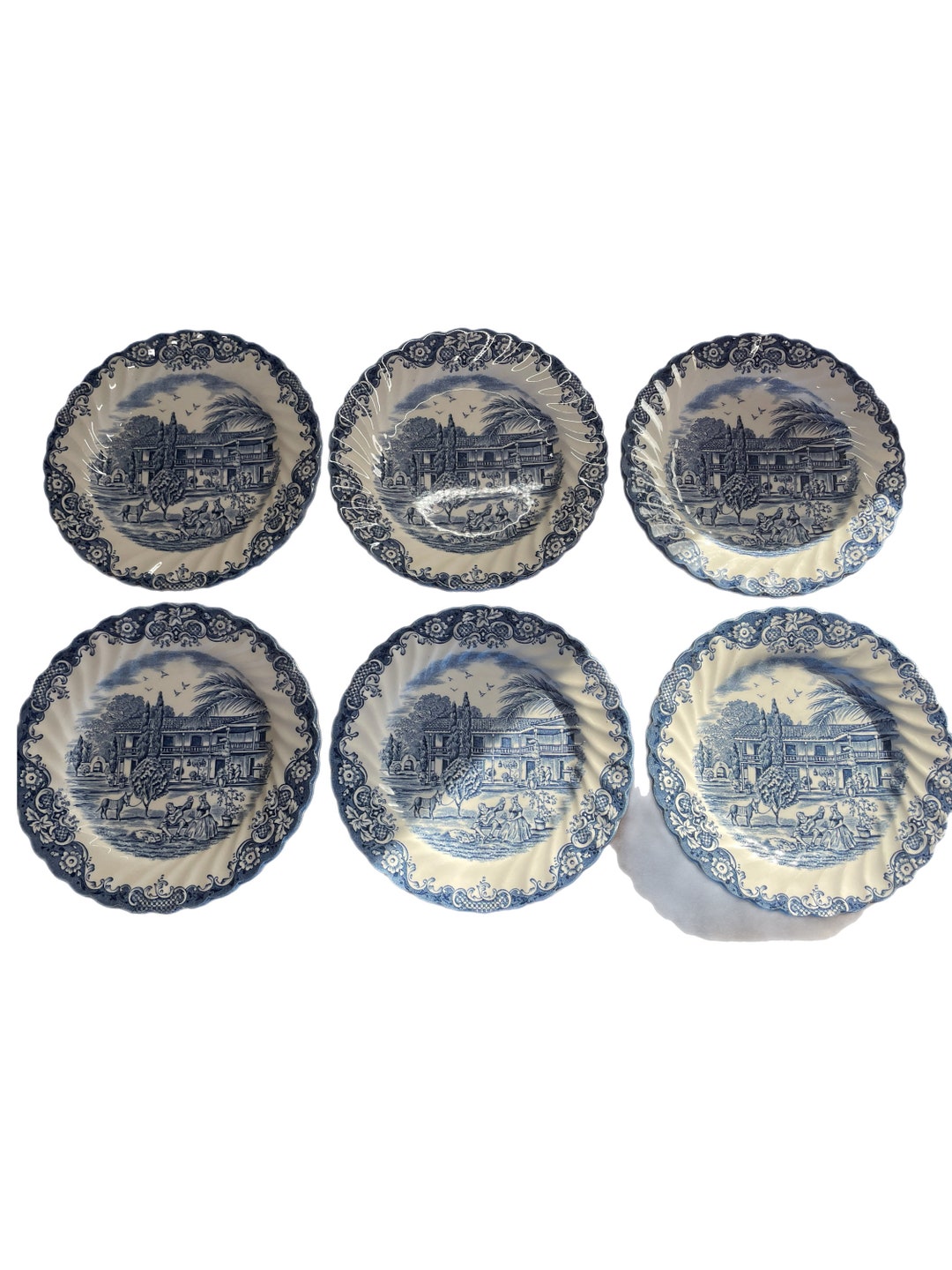 Regency 6 Staffordshire England Plates Blue Scenes Heritage Hall Blue ...