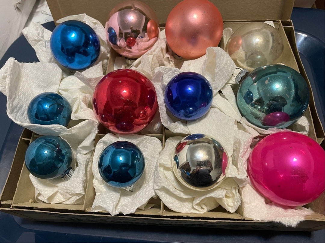 Shiny Brite Box With 12 Glass Ball Ornaments Pink Cobalt Blue Various ...
