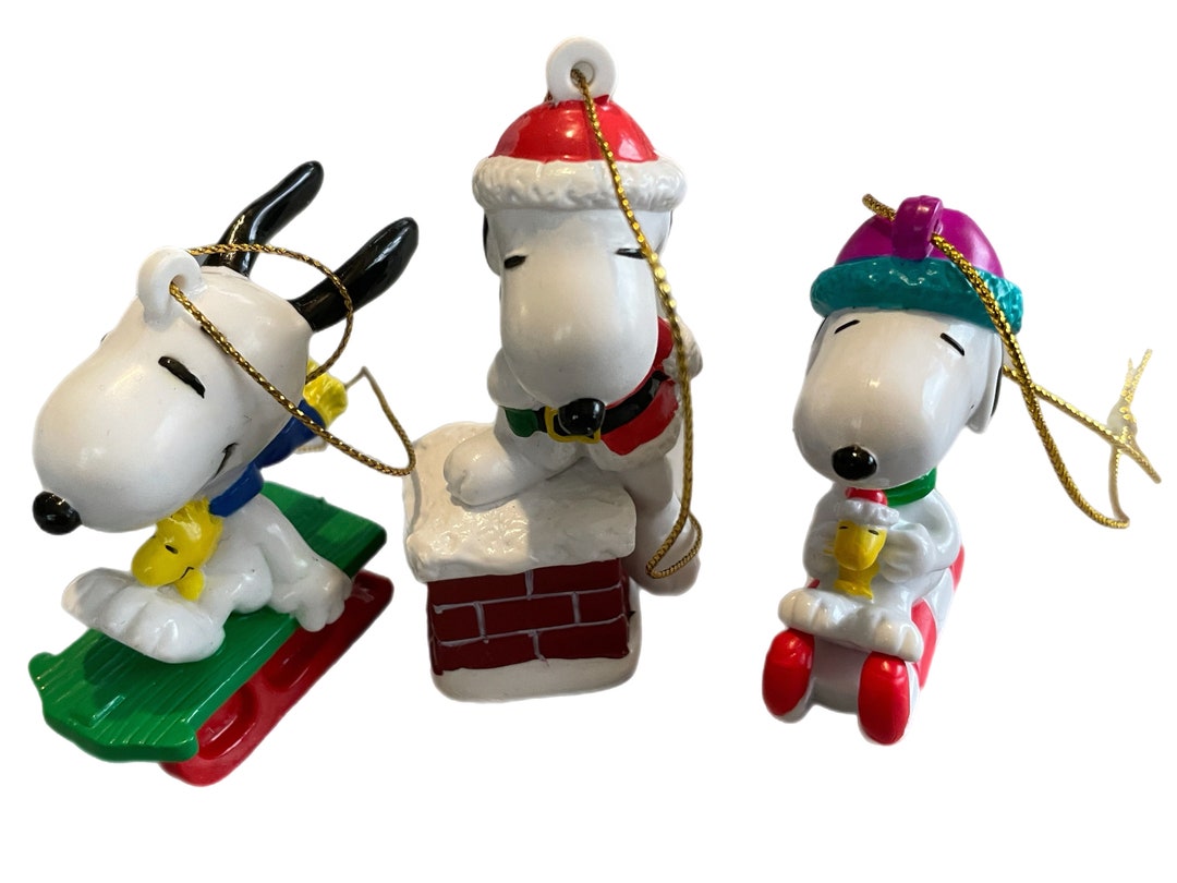 Peanuts Snoopy Woodstock PVC Vinyl Christmas Ornaments Winter Sled ...