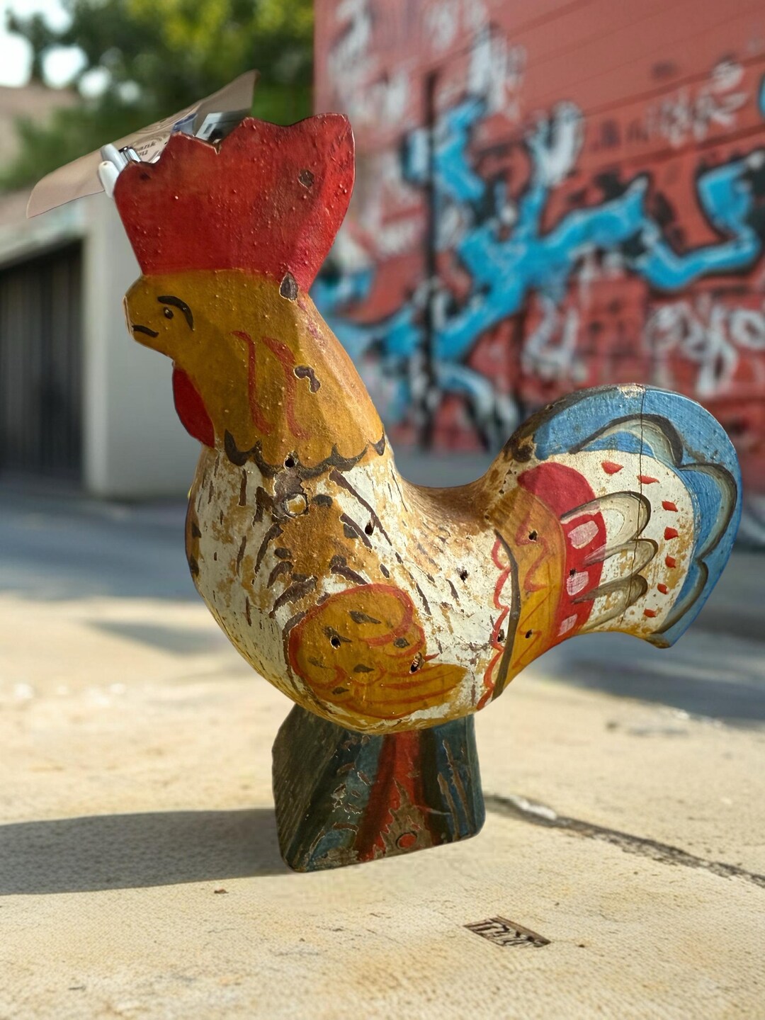 Wood Hand Painted Rooster Chicken Has Crack and a Broken Beak Great ...