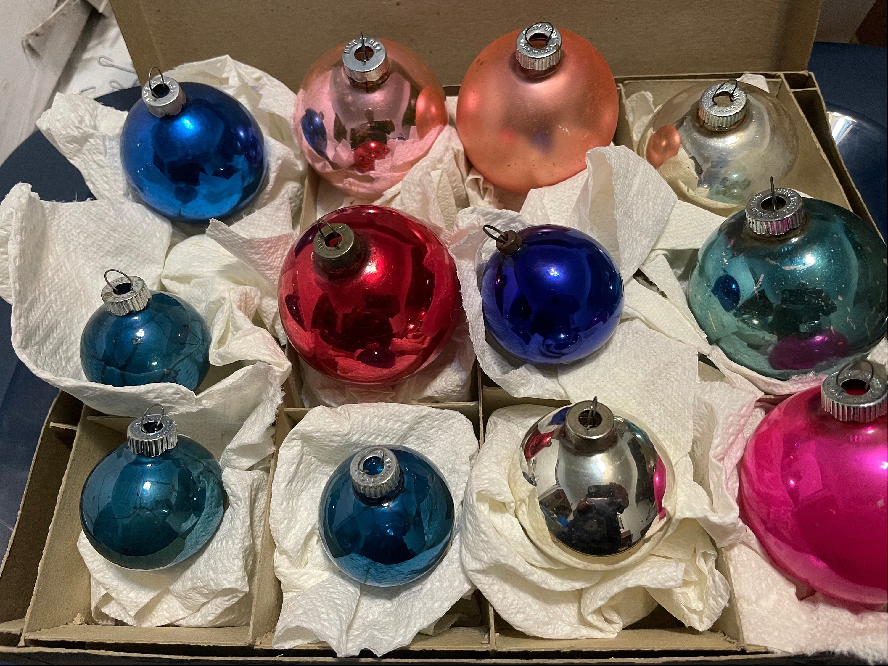 Shiny Brite Box With 12 Glass Ball Ornaments Pink Cobalt Blue Various ...
