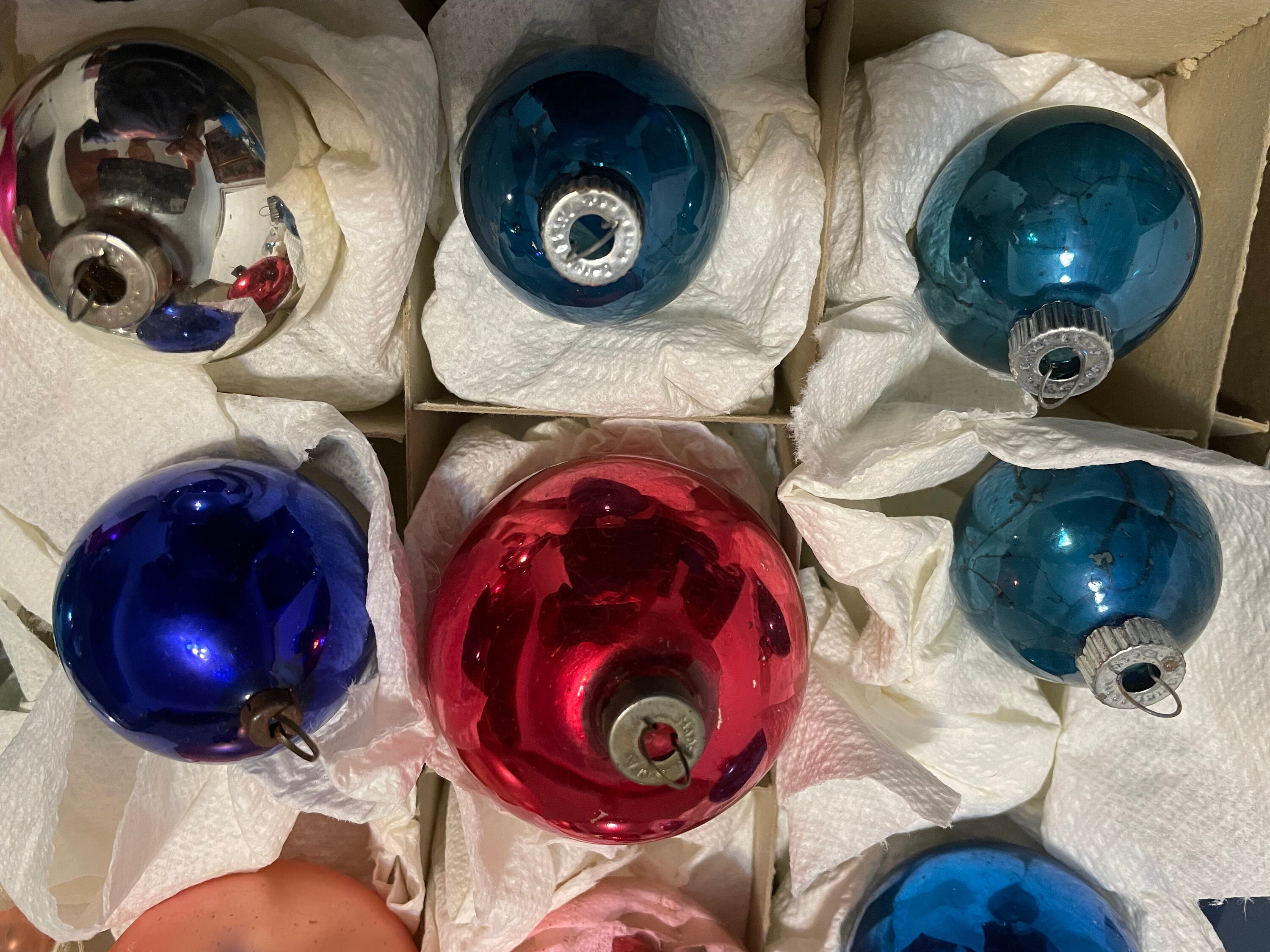 Shiny Brite Box With 12 Glass Ball Ornaments Pink Cobalt Blue Various ...