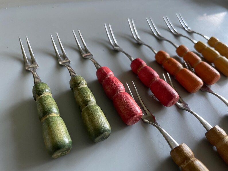 Appetizer Forks Vintage MCM Wood Handles Lot of 11 Stainless Steel Made ...