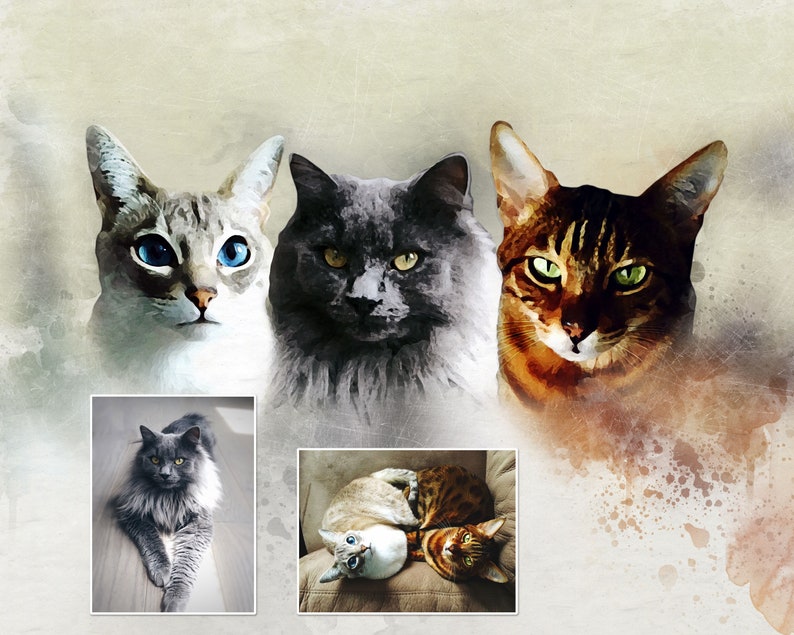 Personalized Multiple Cats Portrait: Custom Pet Memorial Art - Etsy