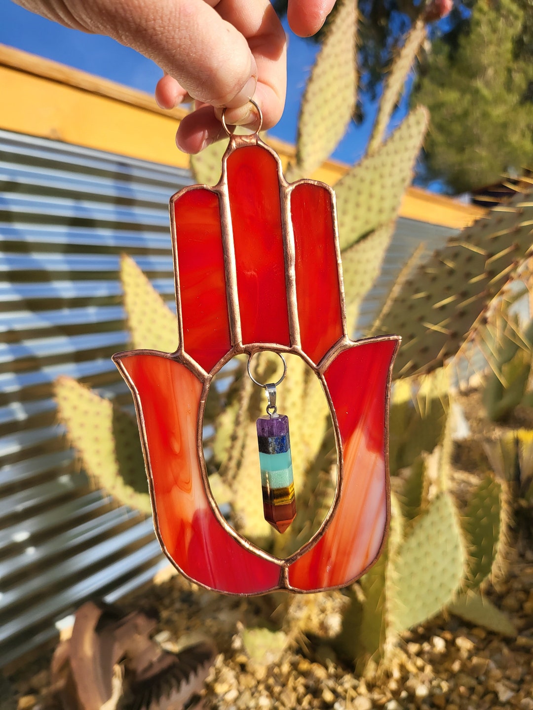 Red Hamsa Hand Stained Glass With Chakra Pendant - Etsy
