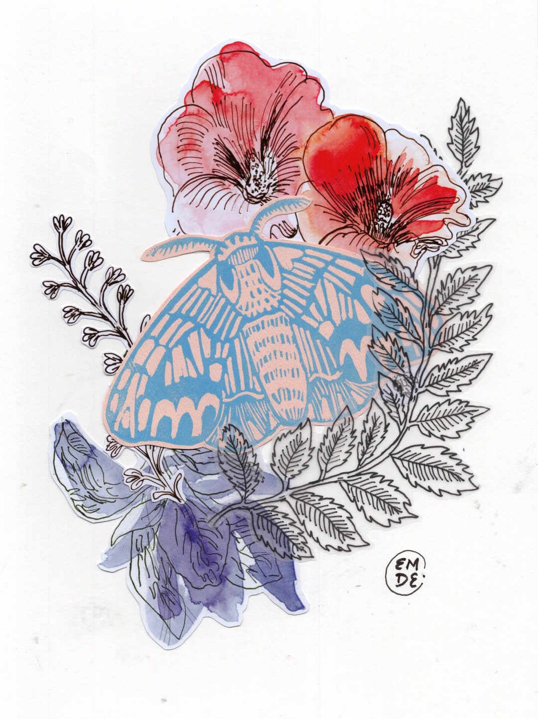 Ćma I Kwiaty. Linoryt Rysunek / Technika Mieszana - Etsy