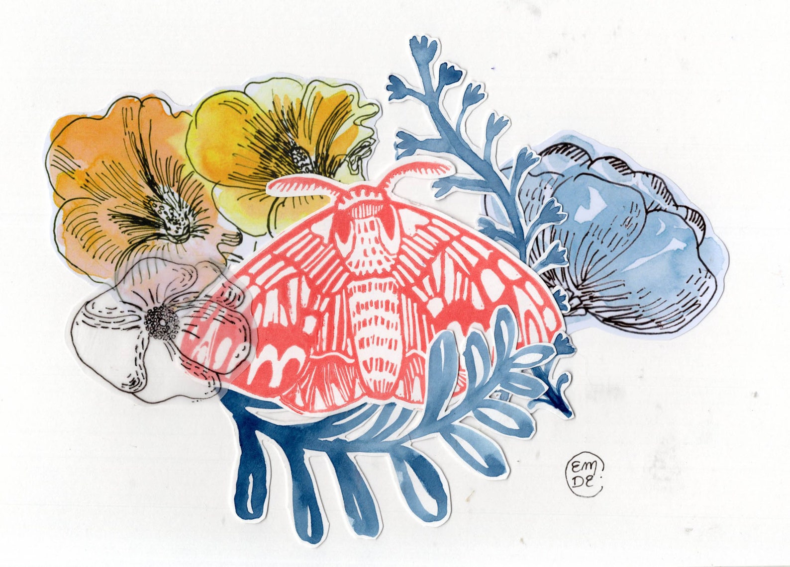 Ćma I Kwiaty. Linoryt, Rysunek, Akwarela / Technika Własna. - Etsy UK