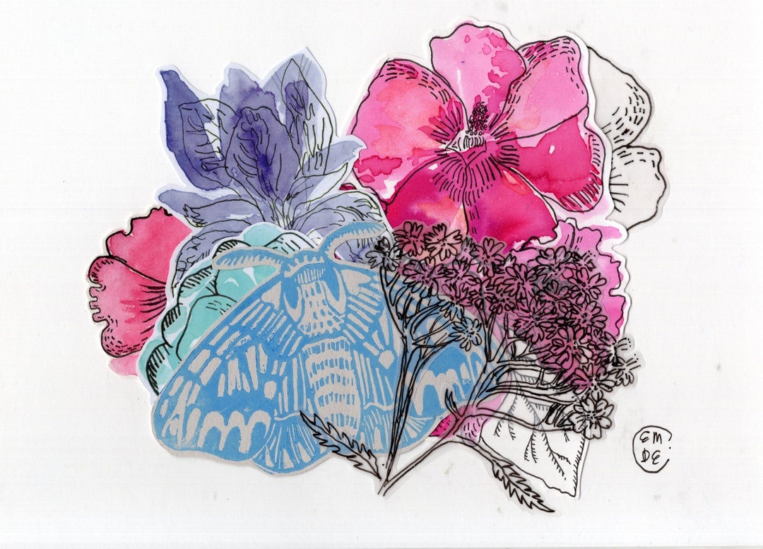 Ćma I Kwiaty. Linoryt, Rysunek / Technika Wlasnaa - Etsy