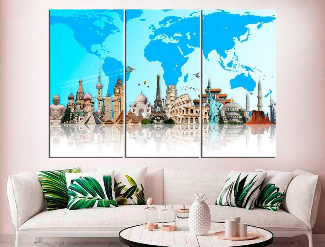 Travel Wall Art Colorful World Map Statue of Liberty | Etsy