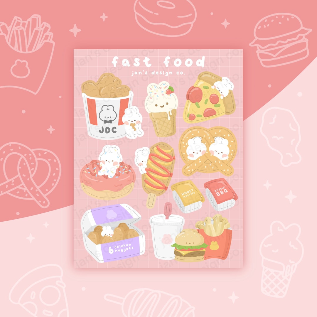 Fast Food Sticker Sheet Cute, Junk Food, Burgers, Pizza, Fries ...