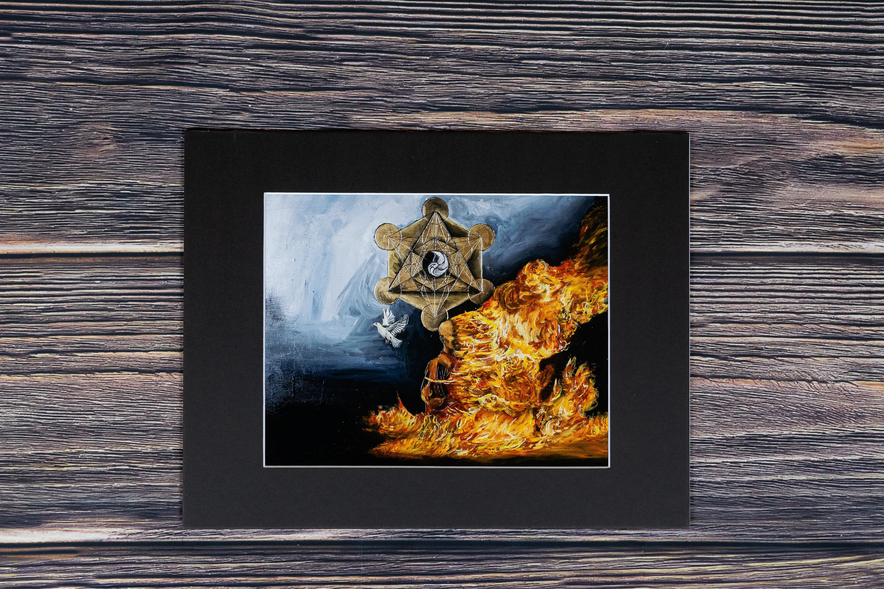 Original Burning Monk, Metatrons Cube Print. Original Acrylic Painting ...