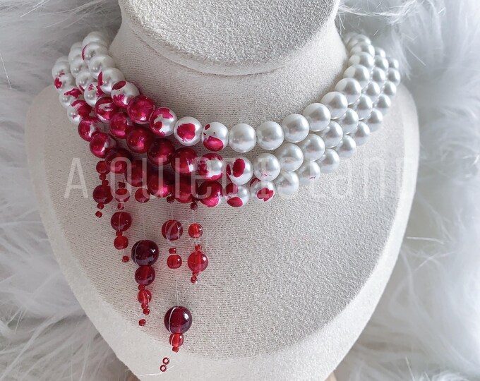 Handmade Beaded Bead Woven Pearl Blood Vampire Bite Necklace Horror - Etsy