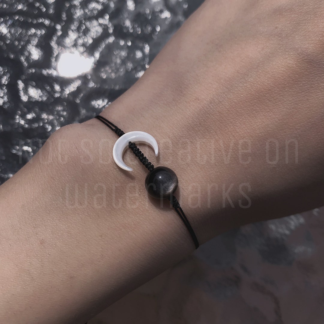 Dainty Moon Bracelet Silver Sheen Obsidian Moon Phase Bracelet, Witchy Celestial Anklet Love You ...