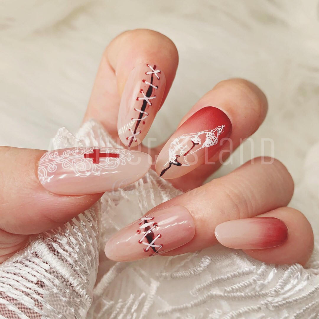 Bloody Suture Press on Nails | Stapled Wound Nails, Gothic Blood Cross ...