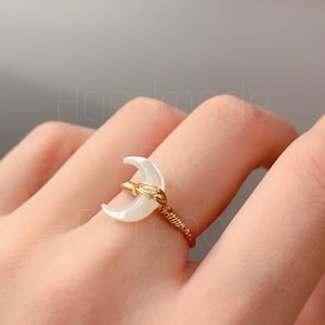 Moon Ring Gold, Mother of Pearl, Wire Wrapped Bohemian Celestial ...