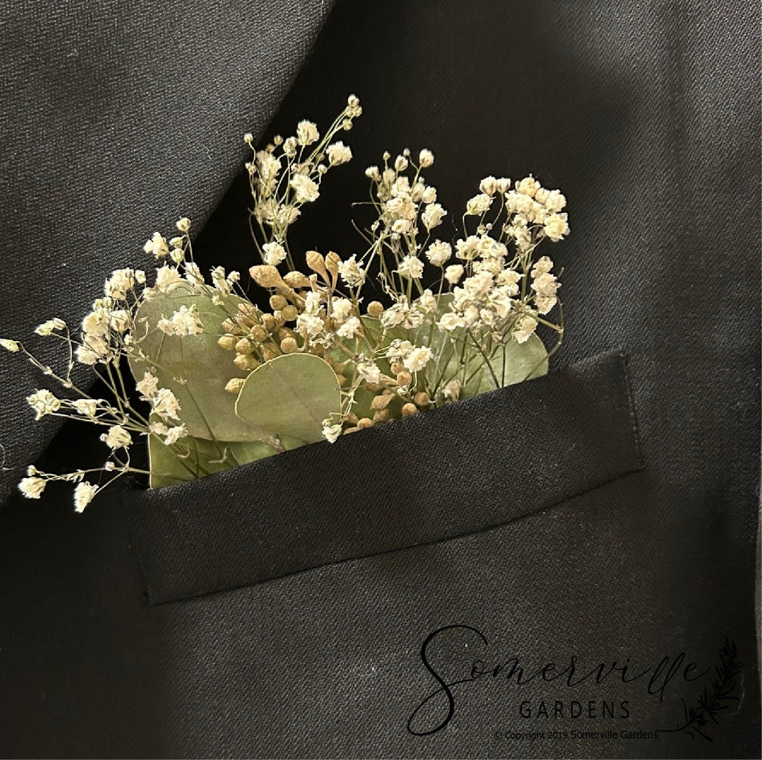 Dried Eucalyptus + Baby's Breath Pocket Square Boutonniere | Elegant ...