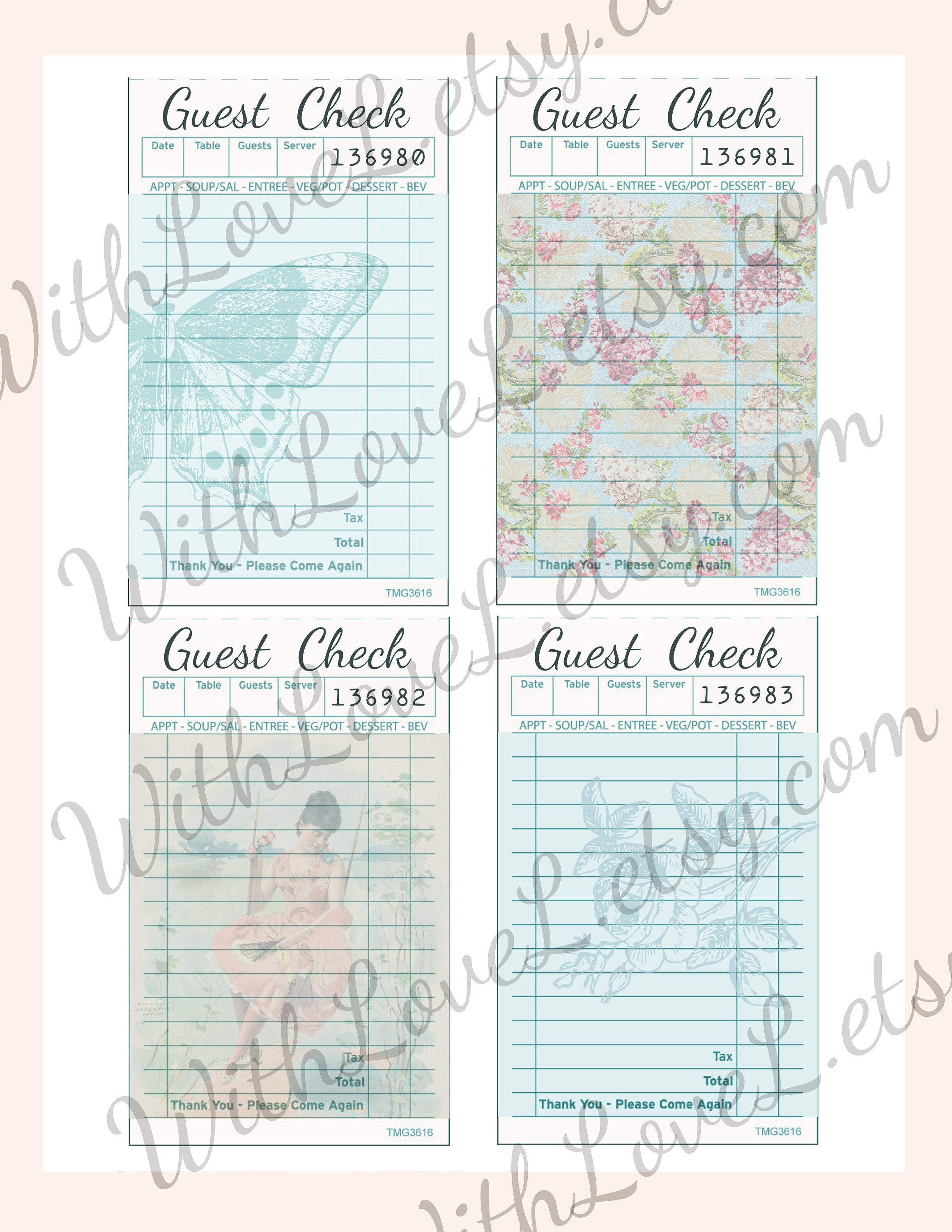 Shabby Chic Pastel Guest Checks Digital Kit, Junk Journal Printable ...