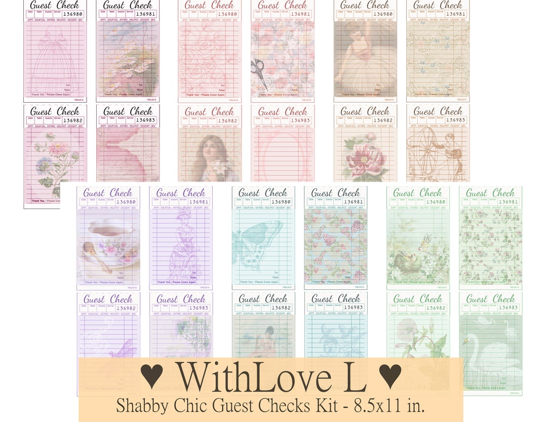 Shabby Chic Pastel Guest Checks Digital Kit, Junk Journal Printable ...