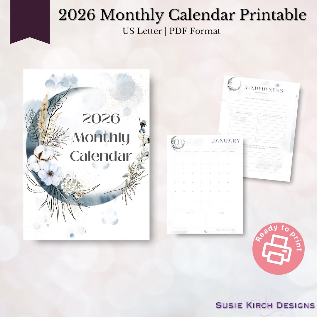 2026 Monthly Calendar Printable | Sunday Start | Boho Planner With ...
