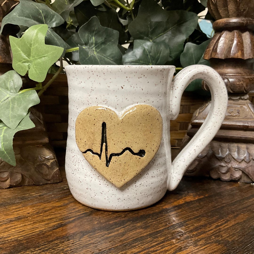 Holds 14 Oz. Handmade ECG Heartbeat Pottery Coffee Mug, Tea Cup. Microwave, Dishwasher Safe ...