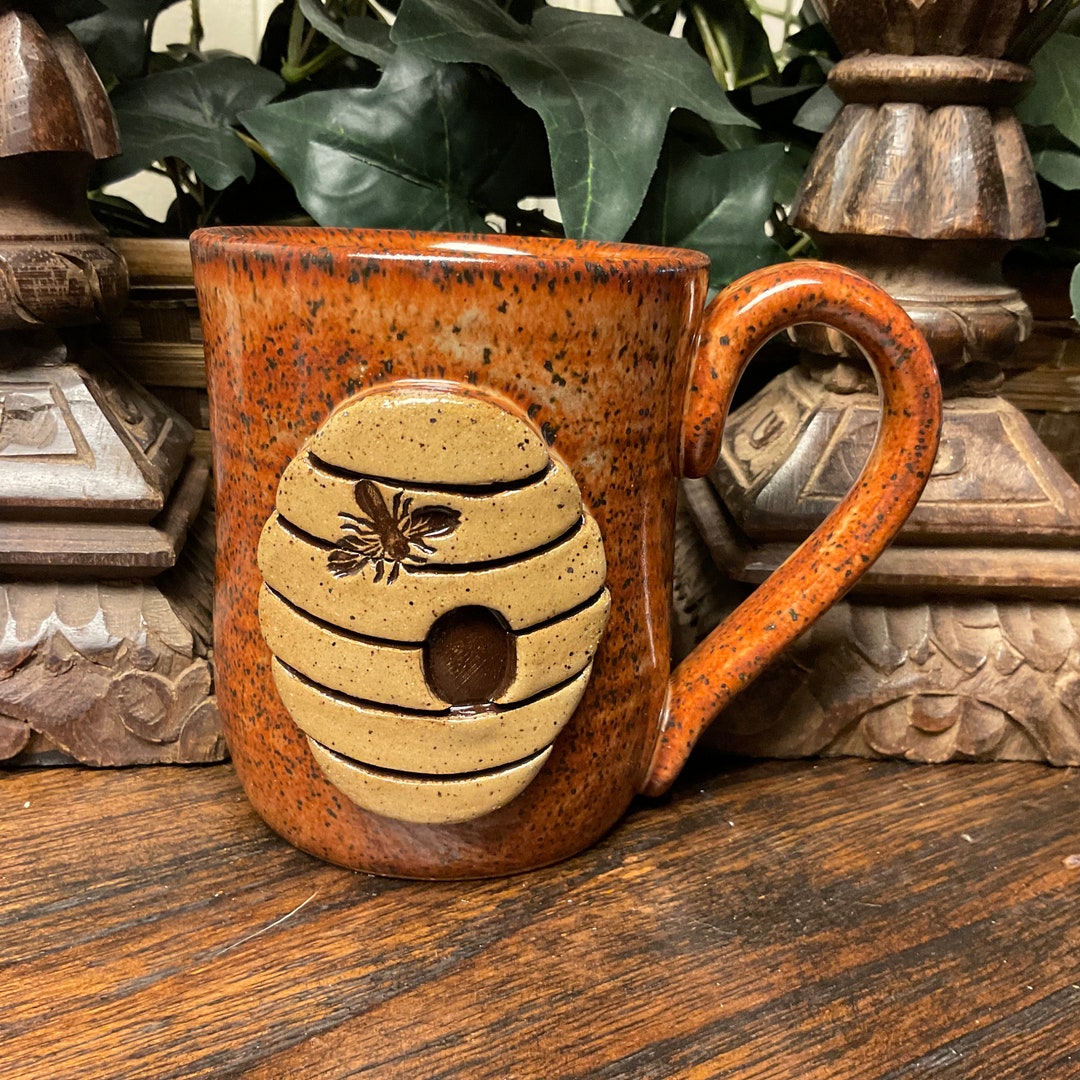 Holds 12 Oz. Handmade Queen Bee Hive Stoneware Pottery Coffee Mug, Tea ...