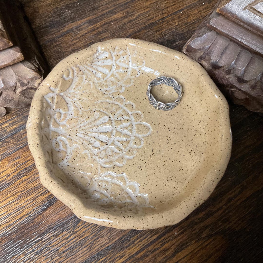 Handmade Doily Textured Pottery Ring Dish, Teaspoon Rest - Etsy