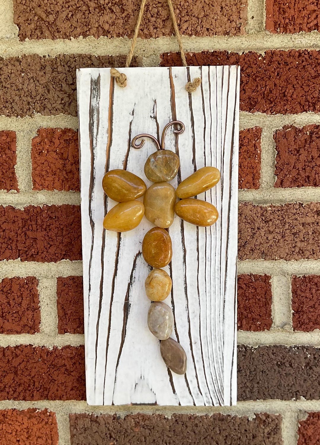 Handmade Natural Stone, Rock, Pebble Wall Art. Dragonfly on Whitewashed ...