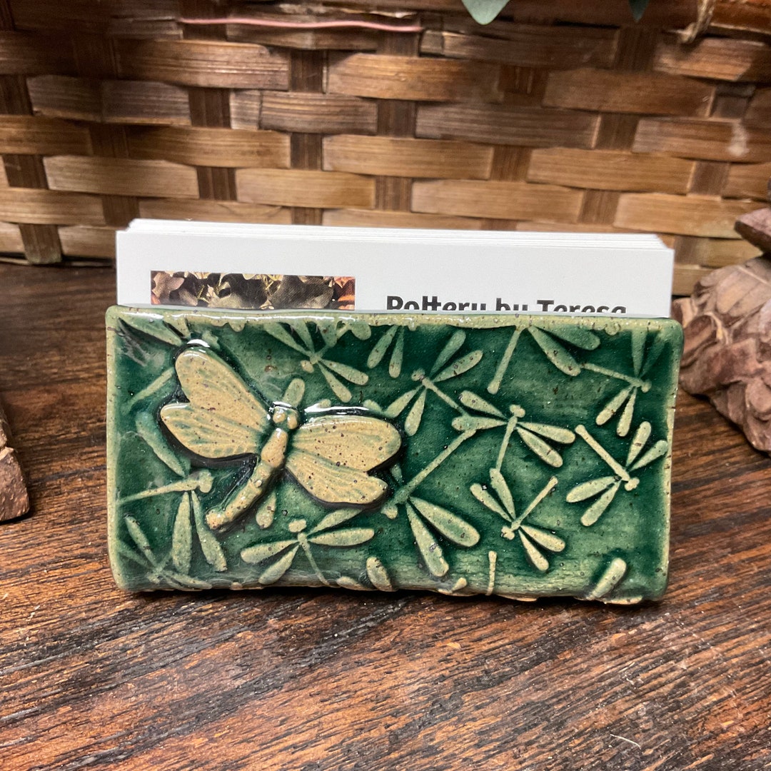 Handmade Dragonfly Pottery Business Card Holder. Heavy Stoneware ...