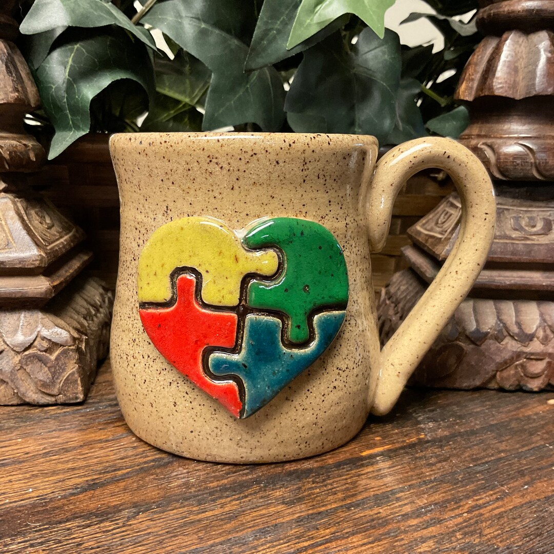 Holds 14 Oz. Handmade Puzzle Piece Heart Stoneware Pottery Coffee Mug ...