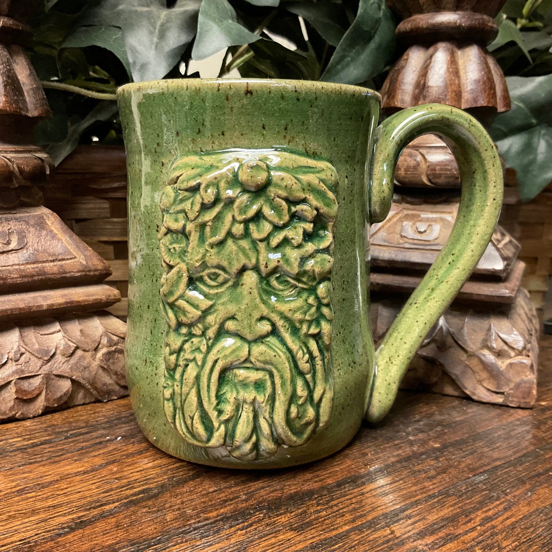 Holds 14 Oz. Handmade Celtic Deep Green Man Pottery Coffee Mug, Tea Cup ...