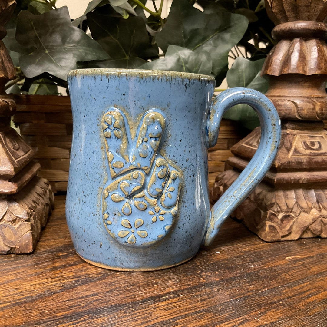 Holds 14 Oz. Handmade Retro Pottery Peace Sign Coffee Mug, Coffee Cup ...