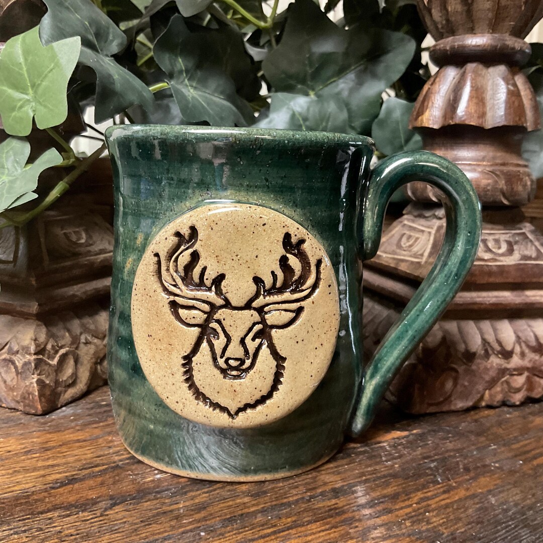 Holds 14 Oz. Handmade Rustic Deer Head Stoneware Pottery Coffee Mug ...