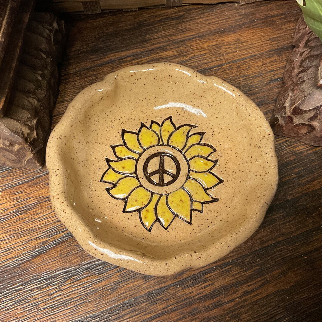 Handmade Sunflower Peace Sign Pottery Ring Holder, Teaspoon Spoon Rest ...