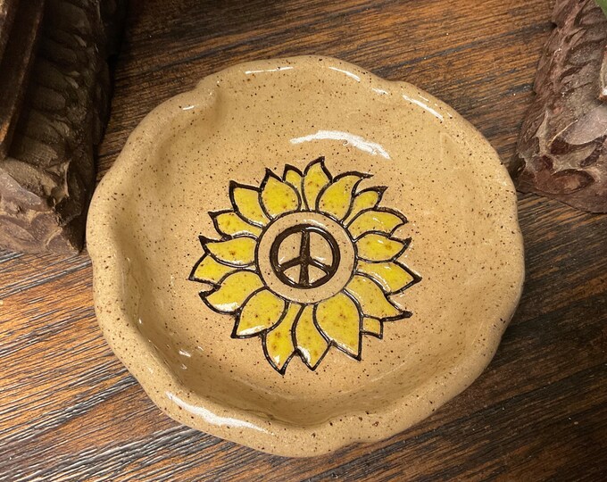 Handmade Sunflower Peace Sign Pottery Ring Holder, Teaspoon Spoon Rest ...