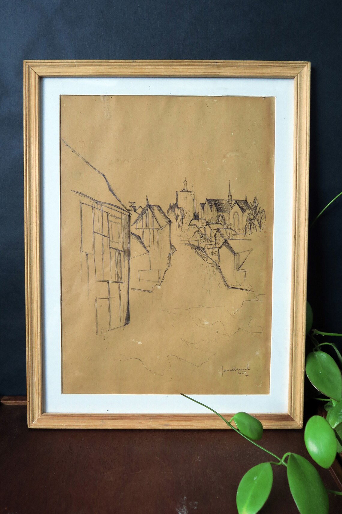 Vintage Framed Original Art / Signed Pen Sketch of Skyline / MCM ...