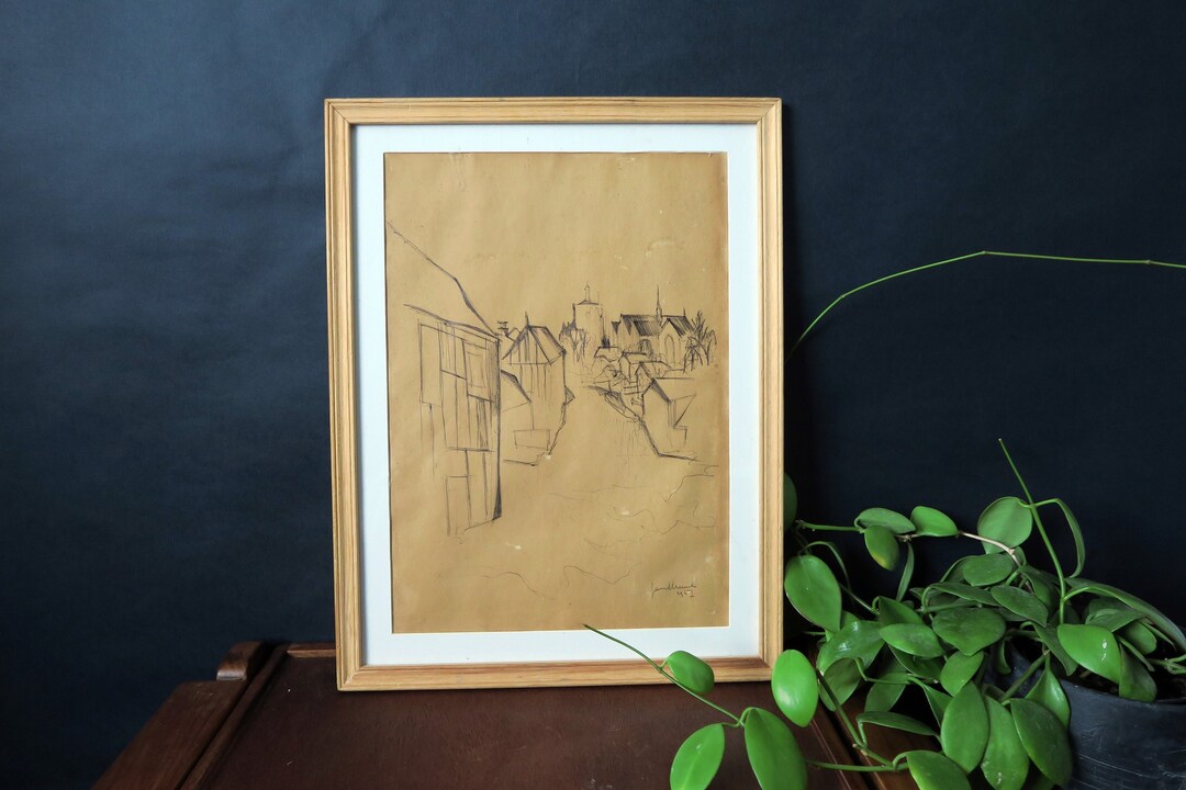 Vintage Framed Original Art / Signed Pen Sketch of Skyline / MCM ...