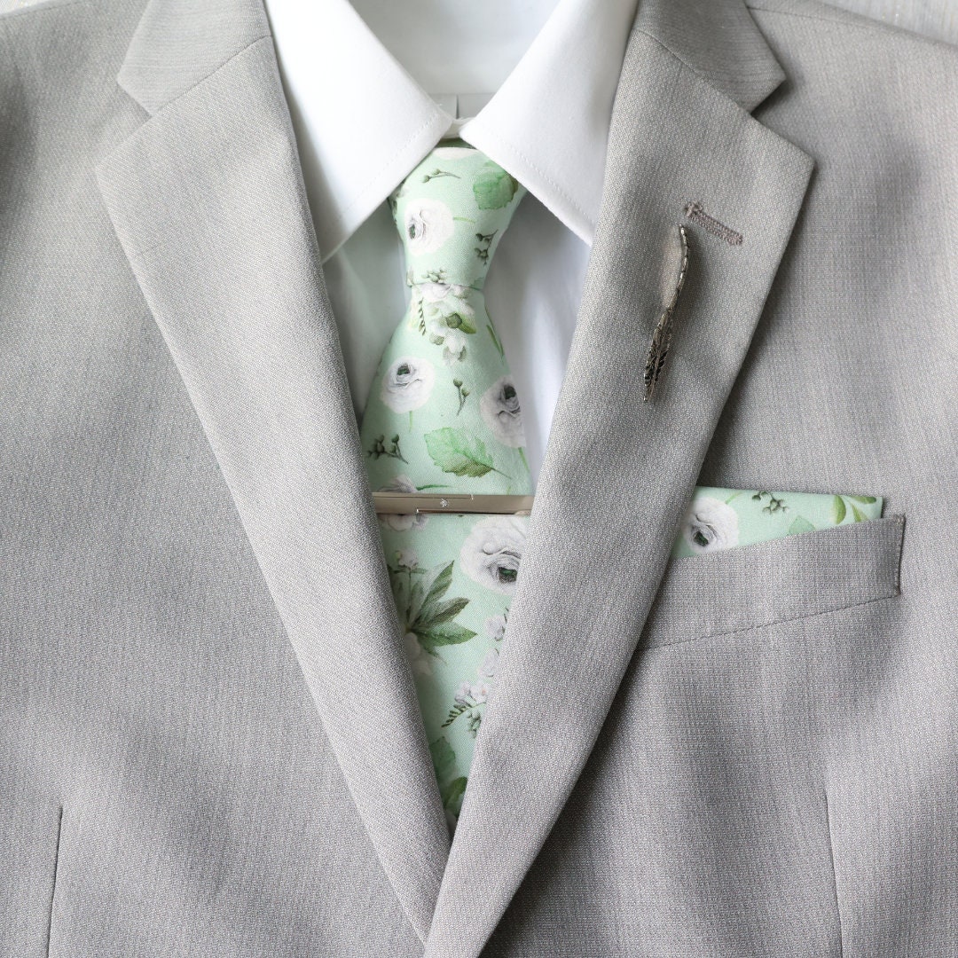 Pistachio Light Green Peony Floral Men's Tie & Matching Pocket Square ...