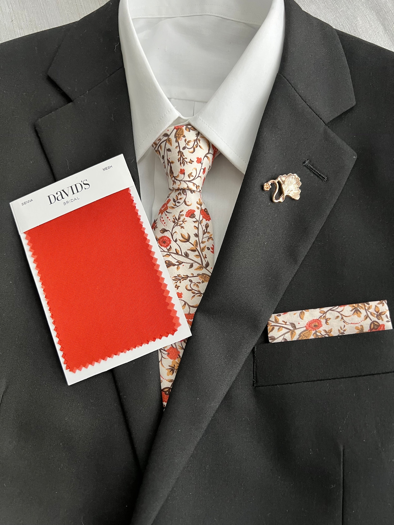 Shay Terracotta Paprika Burnt Orange Floral Mens Skinny Necktie ...