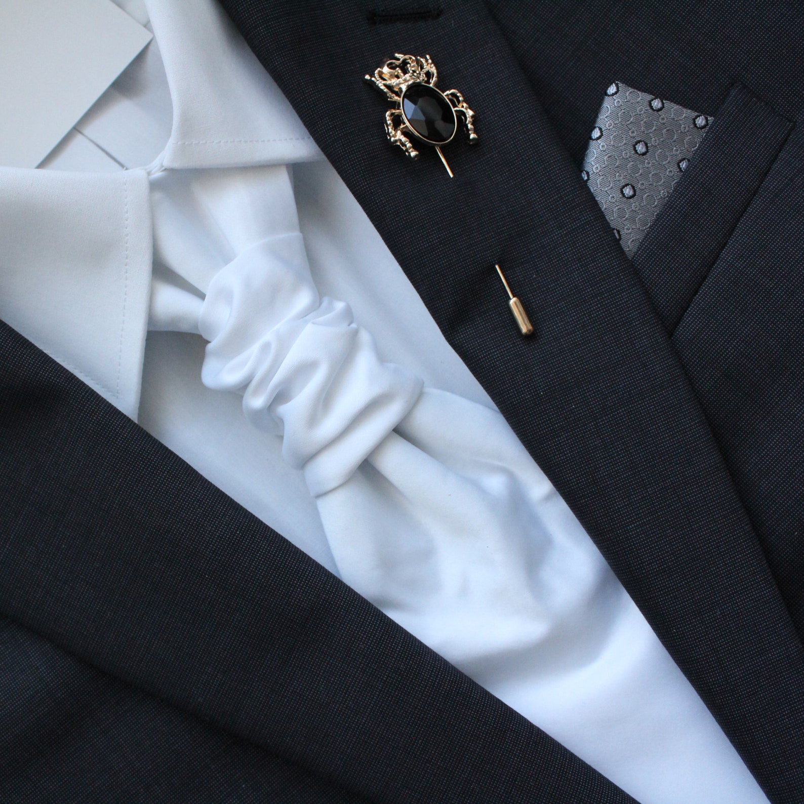 Aubrey Solid White Satin Pre-tied Ruche Cravat Necktie | White Ascot ...