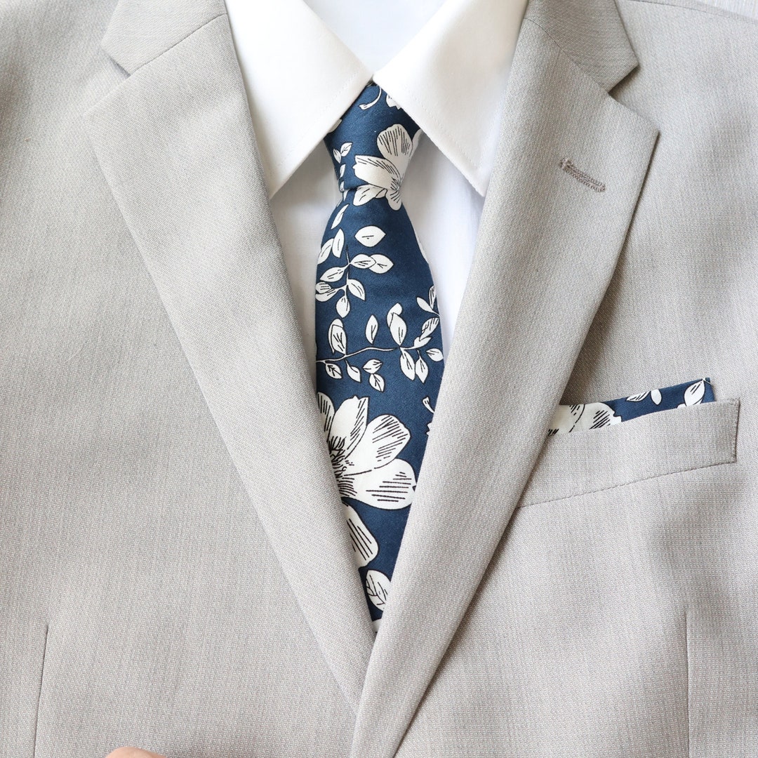 Dark Blue Floral Skinny Tie & Pocket Square Set | Cotton Wedding Tie ...