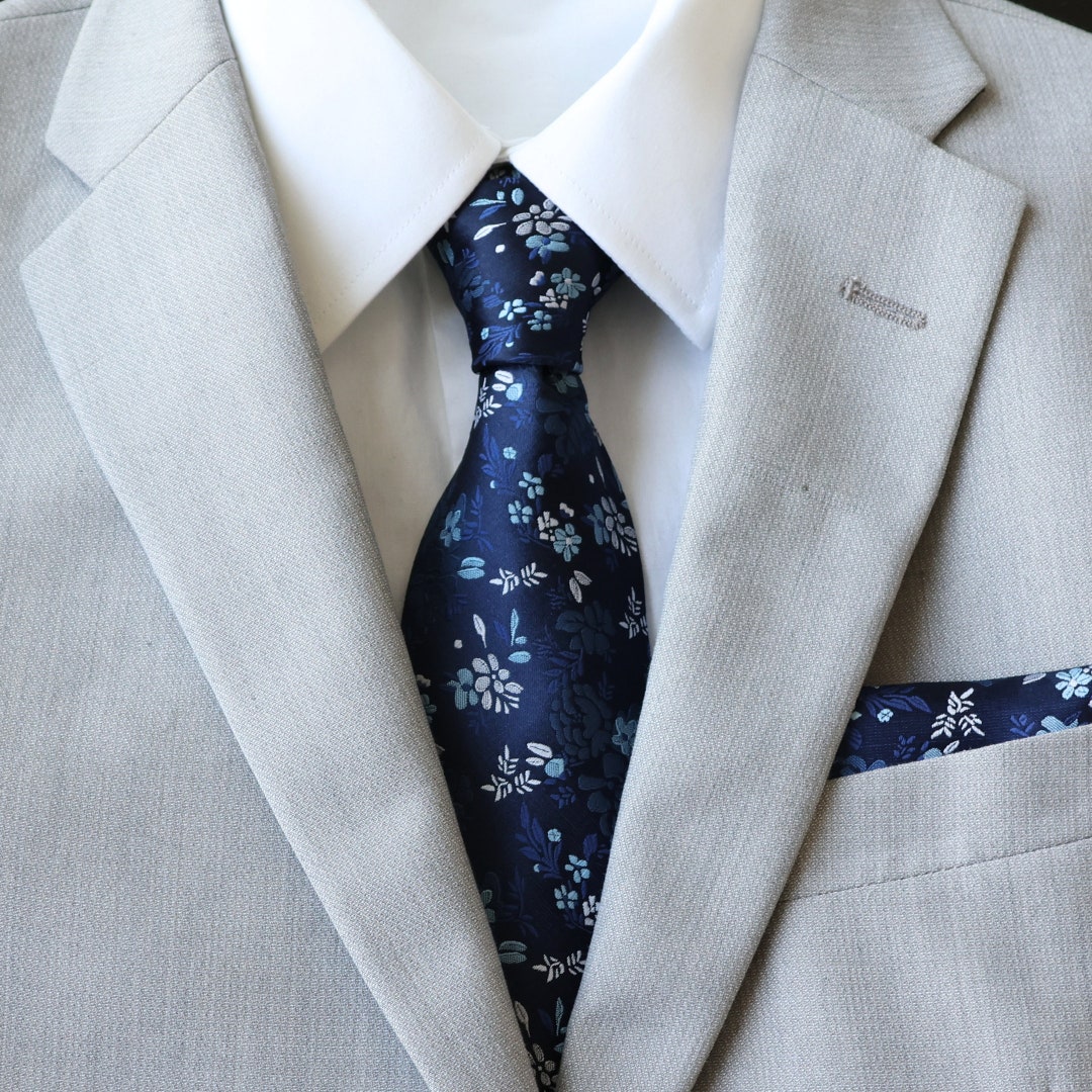 Clara Blue Floral Traditional Wide Tie & Pocket Square Set | Blue Necktie for Men | Men's Work ...