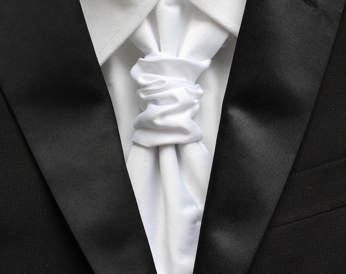 Aubrey Solid White Satin Pre-tied Ruche Cravat Necktie | White Ascot ...